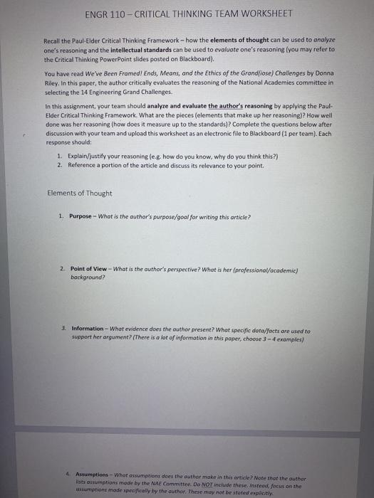 Solved ENGR 110-CRITICAL THINKING TEAM WORKSHEET Recall the | Chegg.com