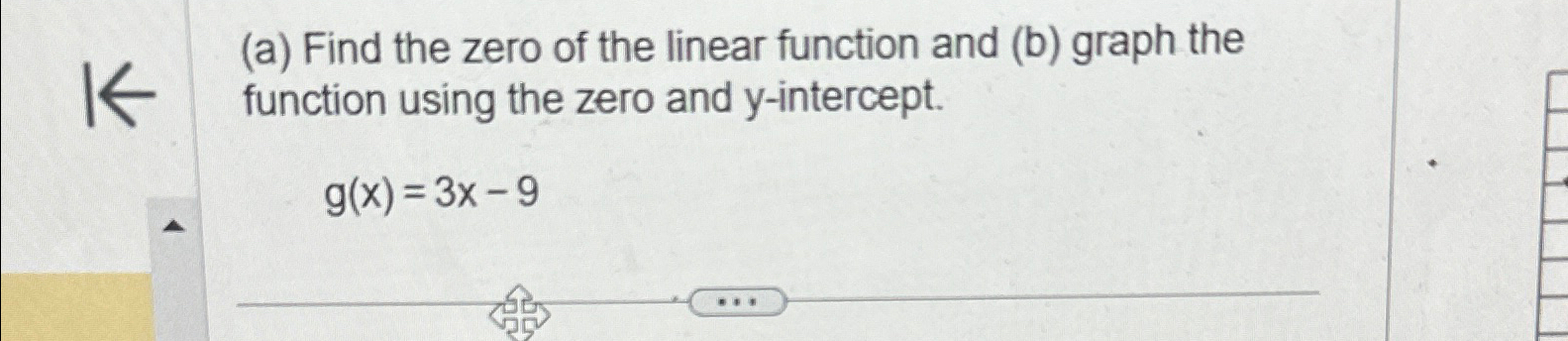 Solved (a) ﻿Find the zero of the linear function.g(x)=3x-9 | Chegg.com