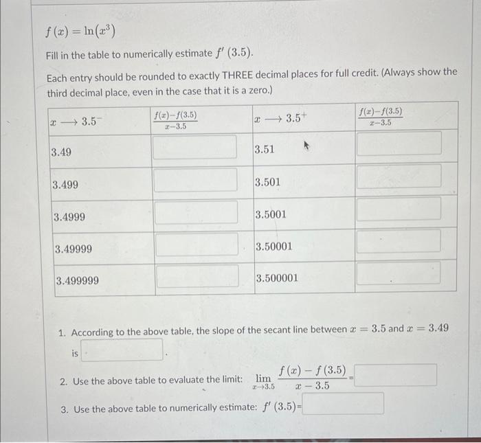 Solved f(x)=ln(x3) Fill in the table to numerically estimate | Chegg.com