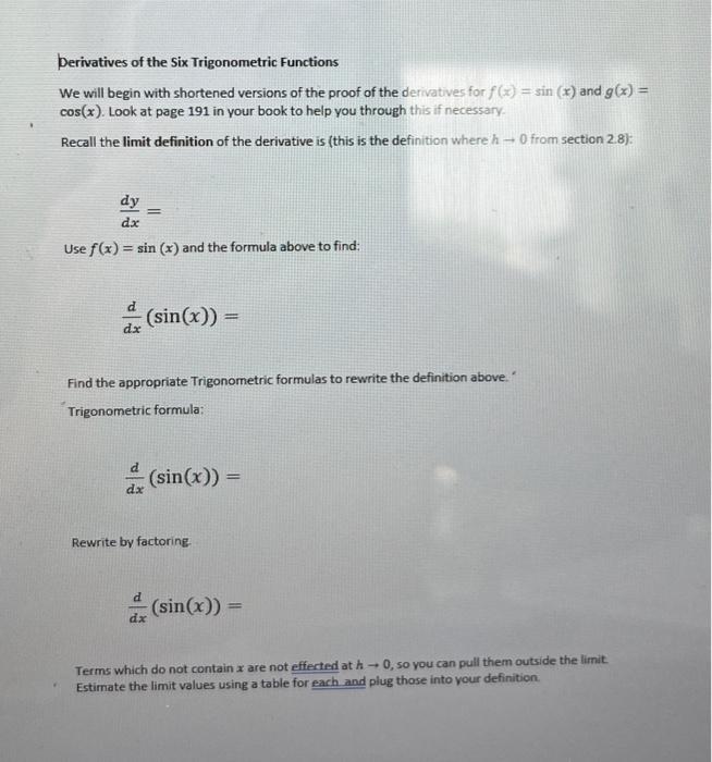 Derivatives of the Six Trigonometric Functions We | Chegg.com