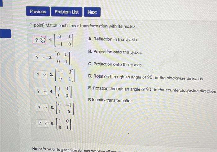 Solved (1 point) Match each linear transformation with its | Chegg.com