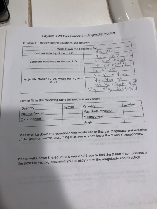 Solved Physics 120 Worksheet 3 - Projectile Motion Problem 1 | Chegg.com