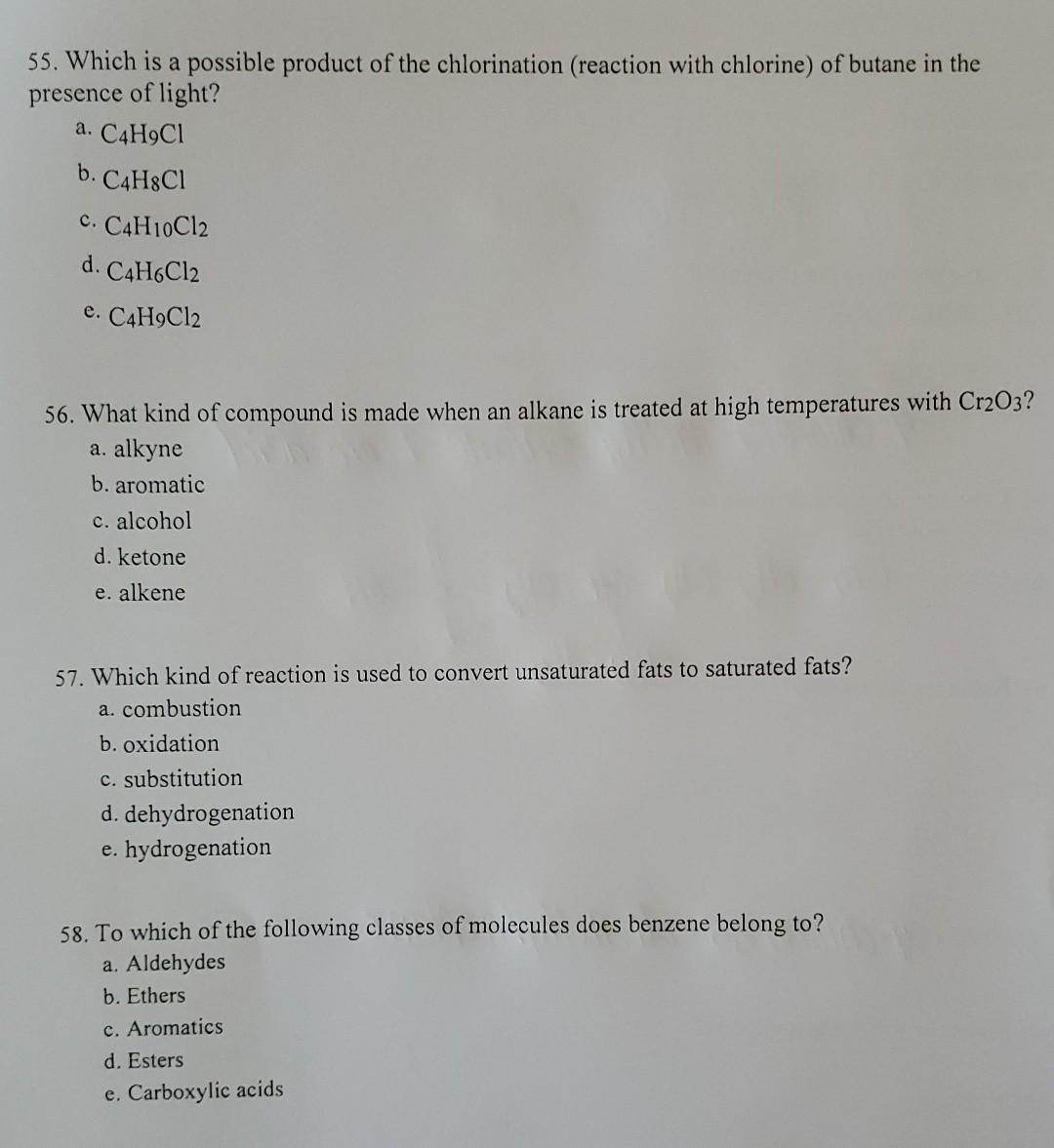 Solved 55. Which is a possible product of the chlorination | Chegg.com
