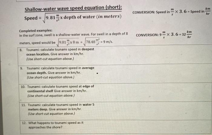 Solved TE Shallow-water wave speed equation (short): Speed = | Chegg.com