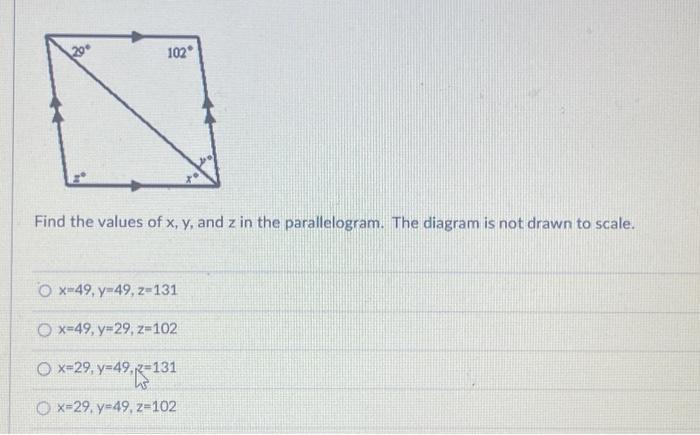Solved 29° 102° Find the values of x, y, and z in the | Chegg.com