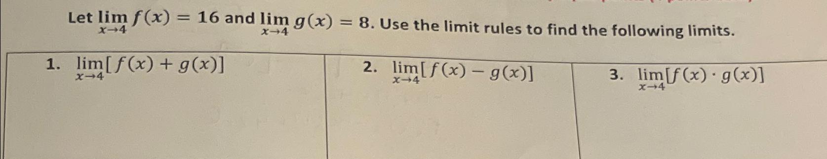 Solved Let Limx→4f X 16 ﻿and Limx→4g X 8 ﻿use The Limit