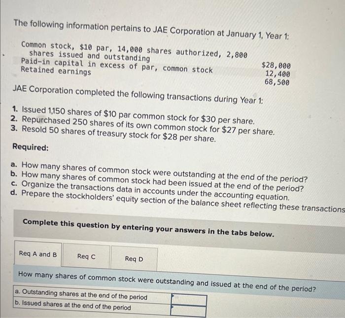 Solved The following information pertains to JAE Corporation | Chegg.com