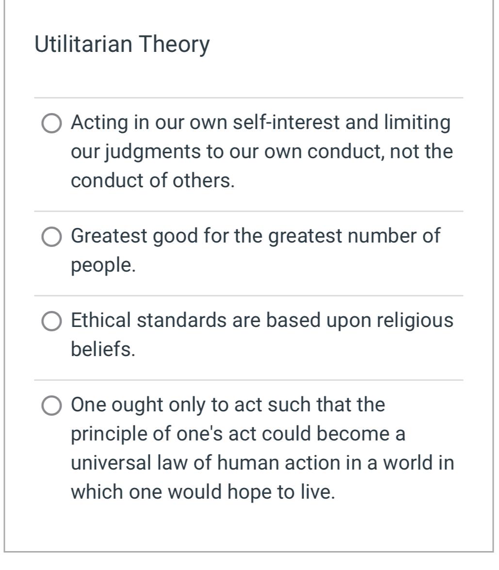 Solved Utilitarian TheoryActing in our own self-interest and | Chegg.com