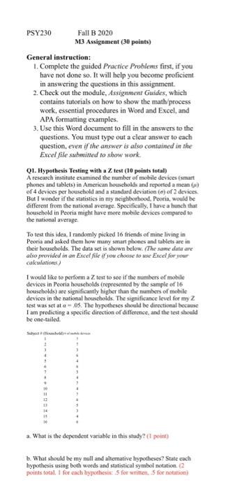 PSY230 Fall B 2020 M3 Assignment (30 points) General | Chegg.com