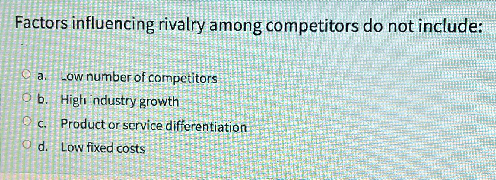 Solved Factors influencing rivalry among competitors do not | Chegg.com