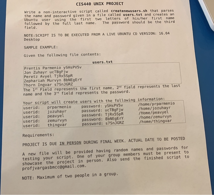 Solved CIS440 UNIX PROJECT Write a non-inte ractive script | Chegg.com