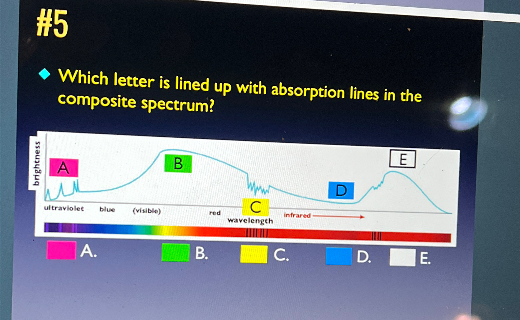 Solved #5Which letter is lined up with absorption lines in | Chegg.com