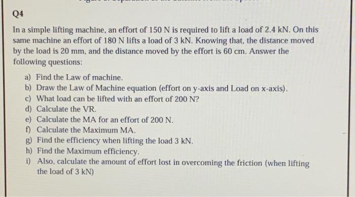 Solved In a simple lifting machine, an effort of 150 N is | Chegg.com