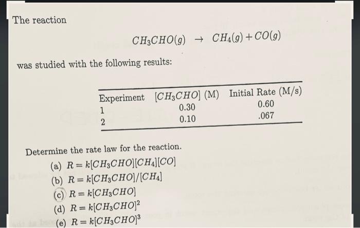 Solved The reaction CH3CHO(g)→CH4(g)+CO(g) was studied with | Chegg.com