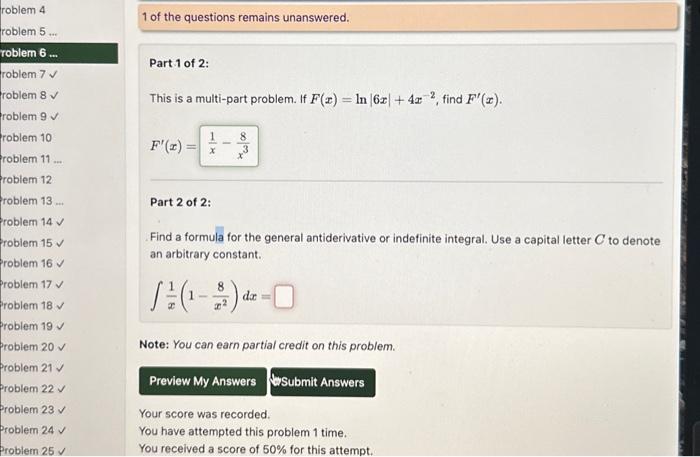 Solved This is a multi-part problem. If F(x)=ln∣6x∣+4x−2, | Chegg.com