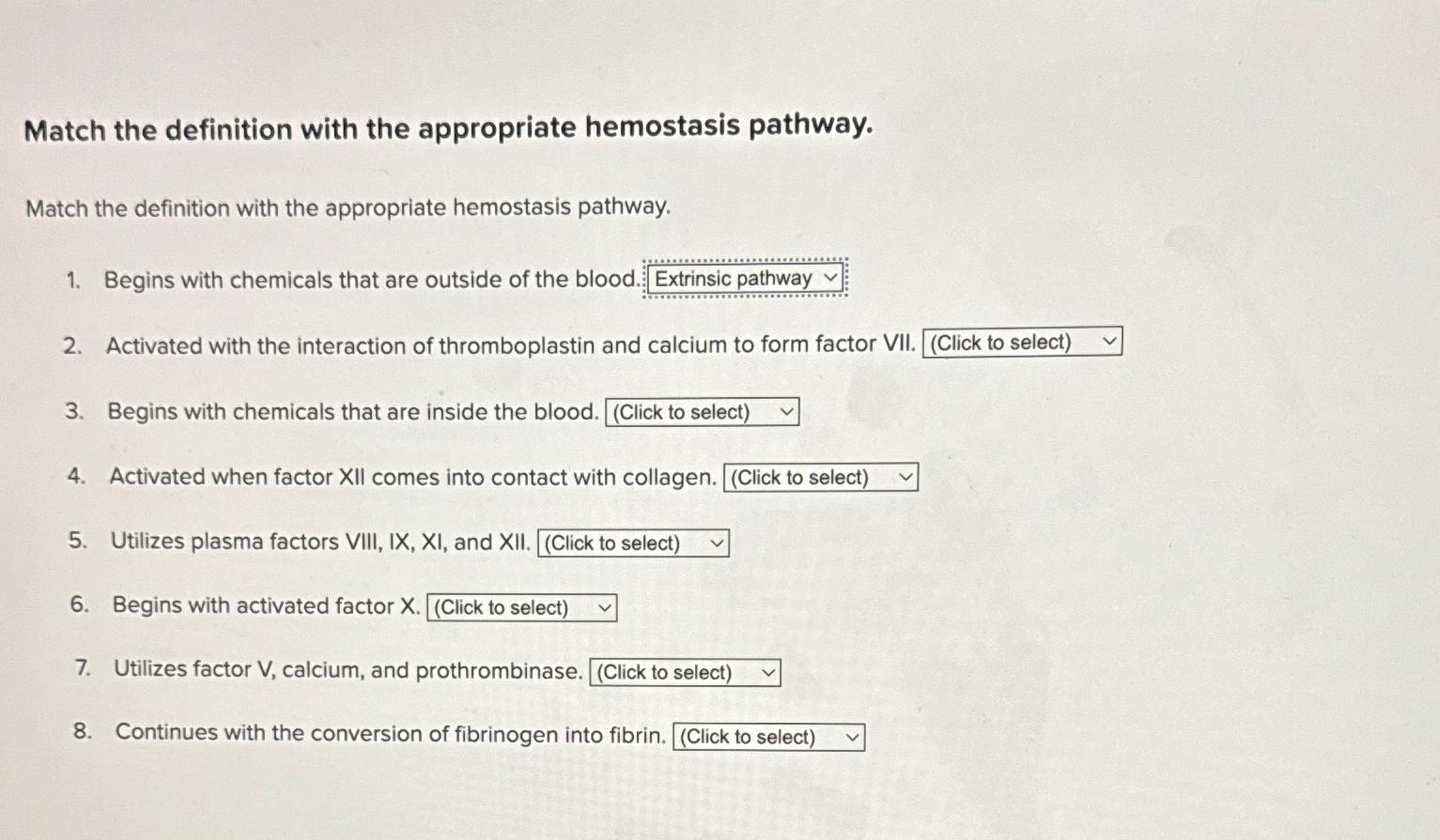 Solved Match the definition with the appropriate hemostasis | Chegg.com