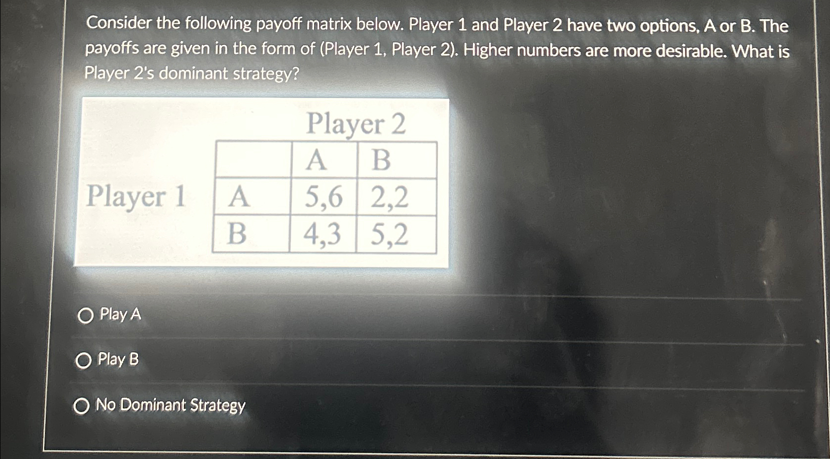 Solved Consider the following payoff matrix below. Player 1 | Chegg.com