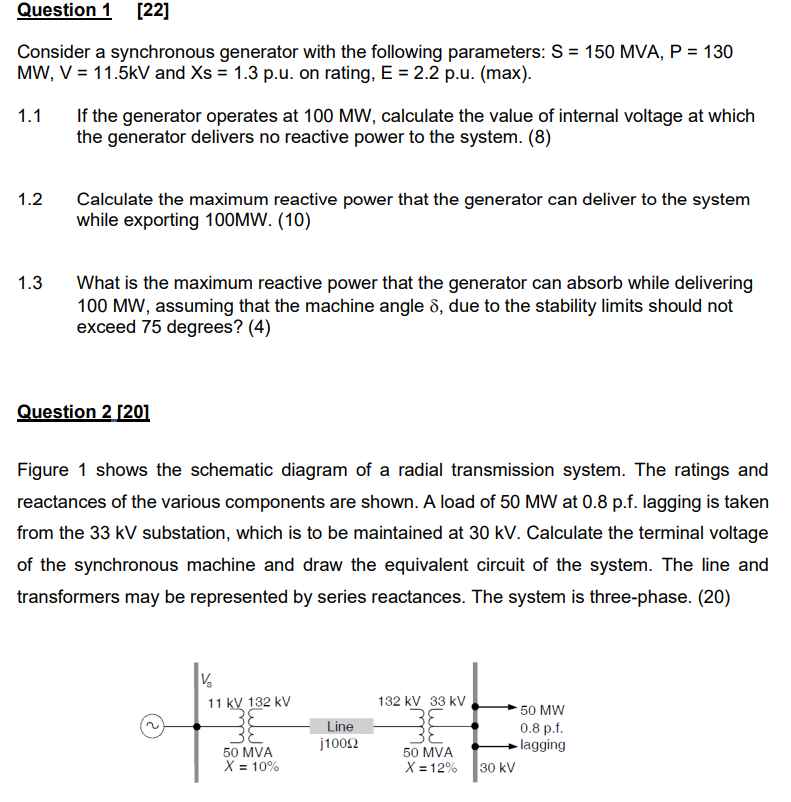 Solved Question 1 [22] ﻿Consider a synchronous generator | Chegg.com