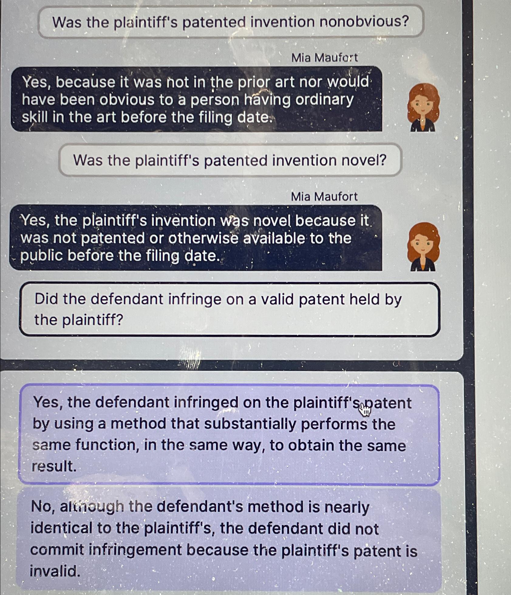 Solved Was the plaintiff's patented invention nonobvious?Mia | Chegg.com