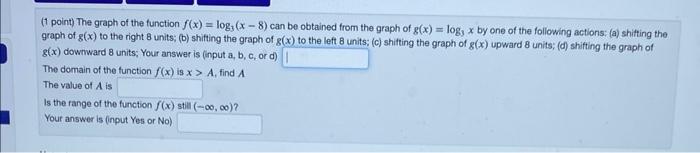 Solved (1 point) The graph of the function f(x)=log3(x−8) | Chegg.com