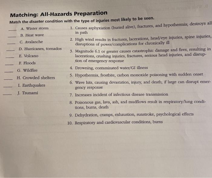 Solved Matching: All-Hazards Preparation Match the disaster | Chegg.com