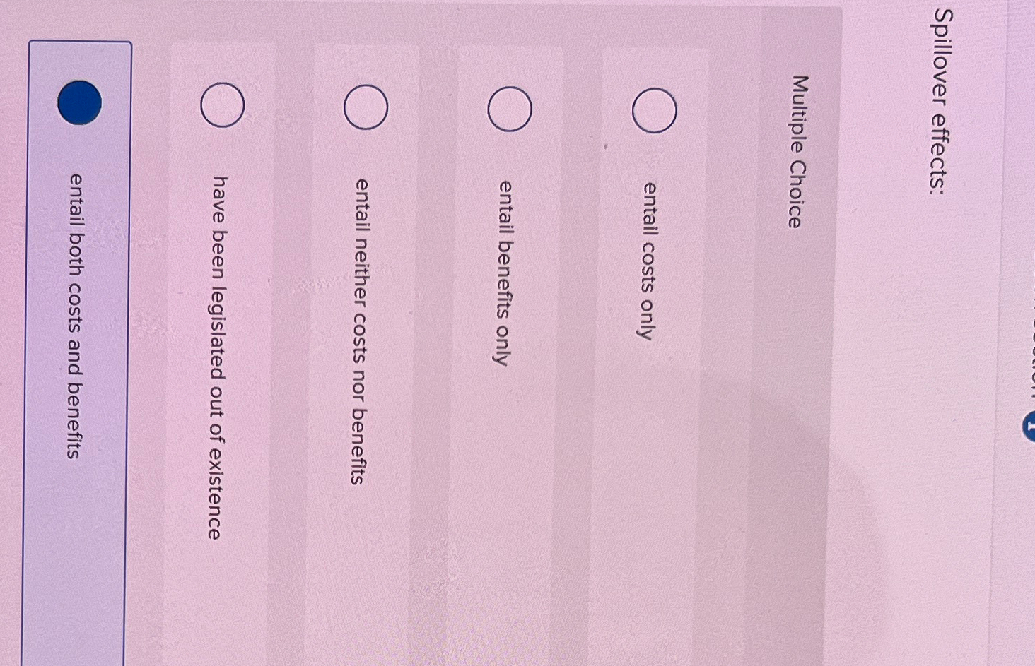 Solved Spillover effects:Multiple Choiceentail costs | Chegg.com