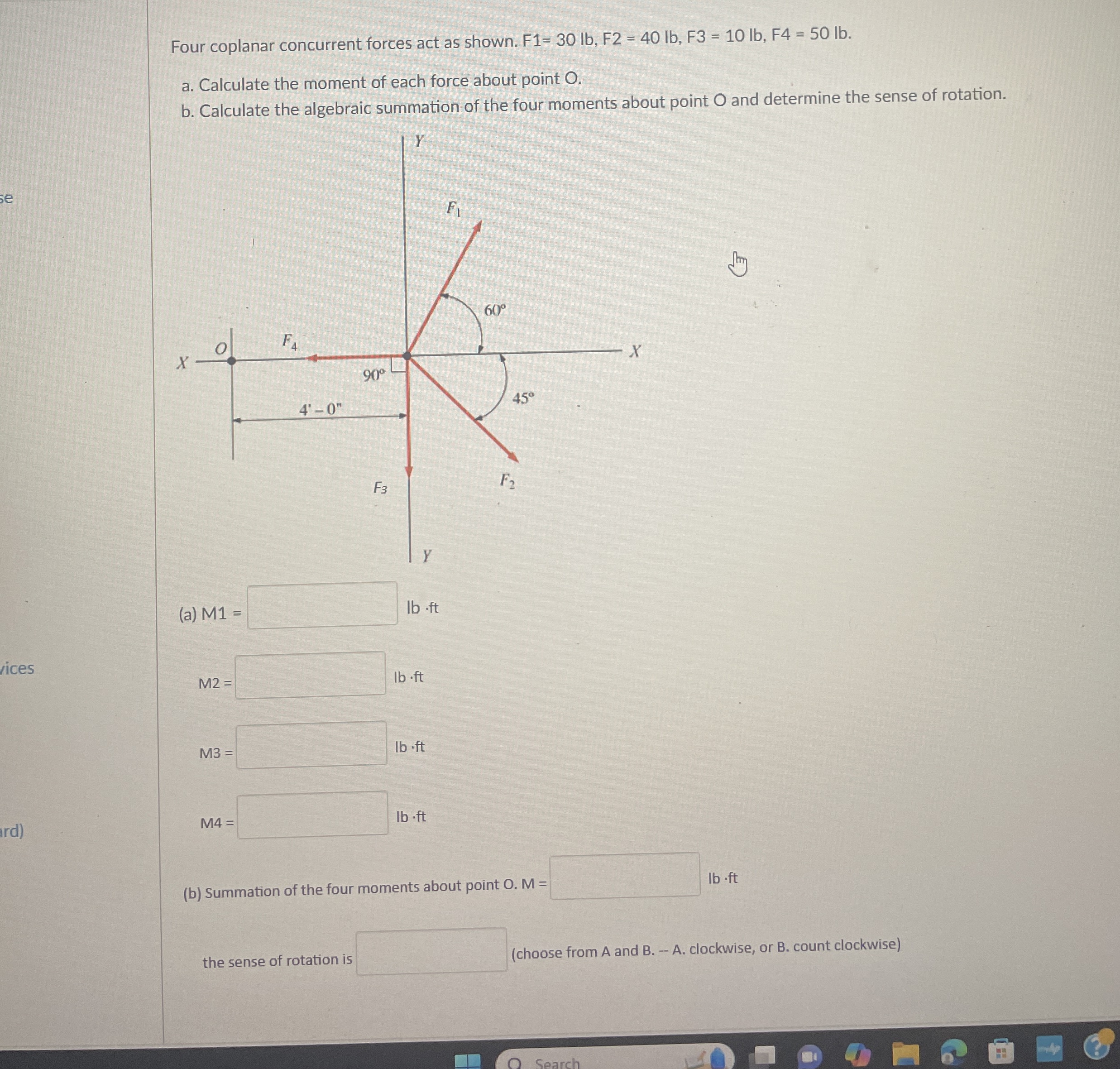 Solved Four coplanar concurrent forces act as shown. | Chegg.com