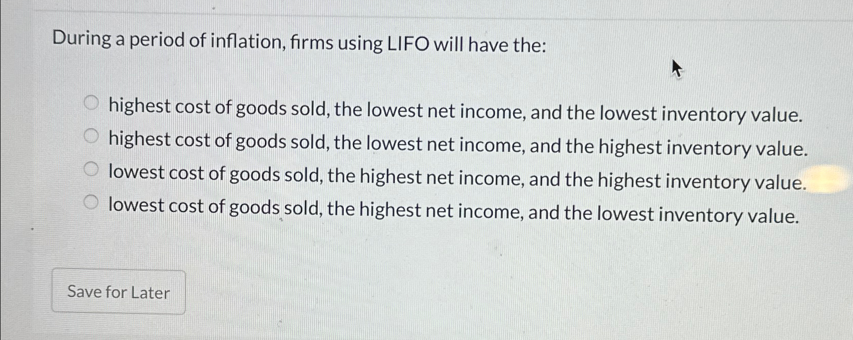 Solved During a period of inflation, firms using LIFO will | Chegg.com