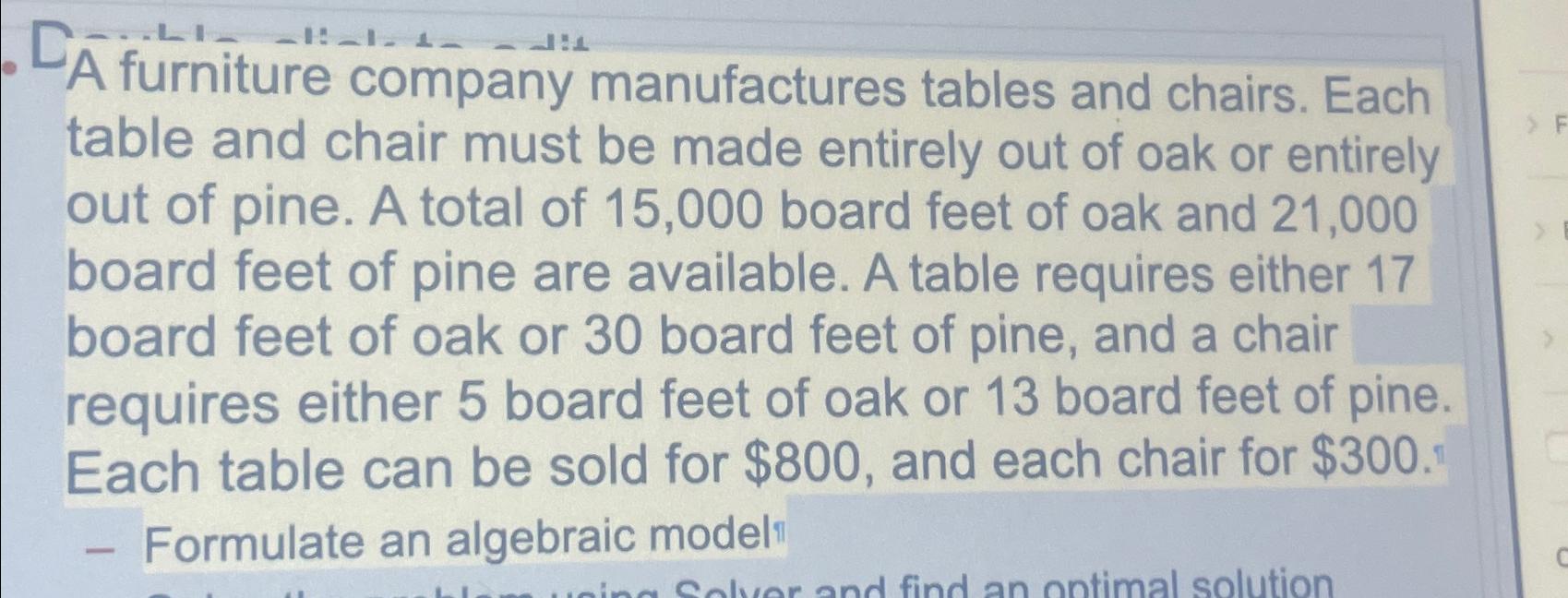 Solved CA ﻿furniture company manufactures tables and chairs. | Chegg.com