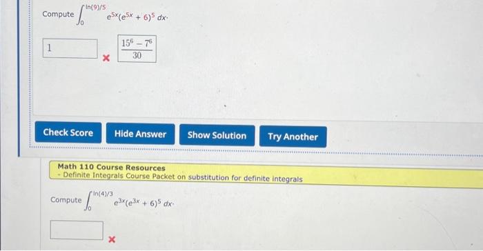 Solved Mpute ∫0ln 9 5e5x E5x 6 5dx Math 110 Course