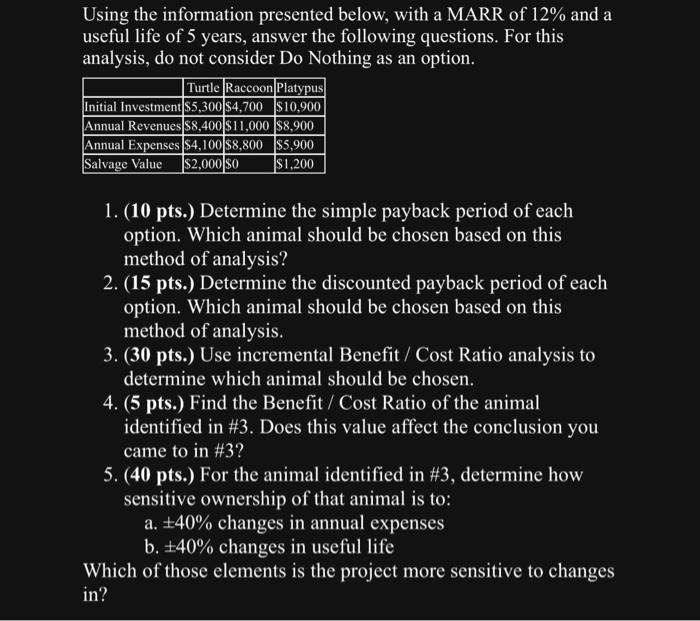 Solved Using the information presented below, with a MARR of | Chegg.com