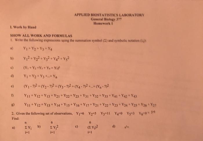 Solved APPLIED BIOSTATISTICS LABORATORY General Bicks 371 | Chegg.com