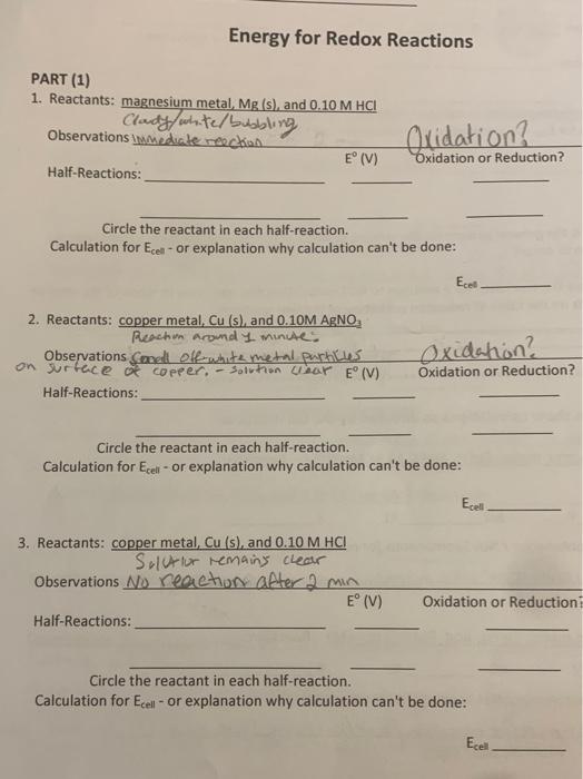 Solved Energy for Redox Reactions PART (1) 1. Reactants: | Chegg.com