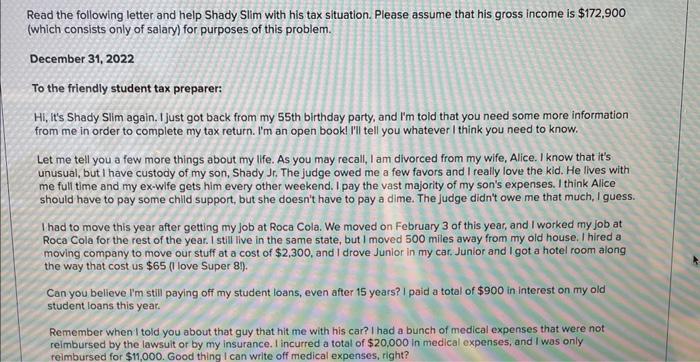 Solved Read the following letter and help Shady Slim with | Chegg.com