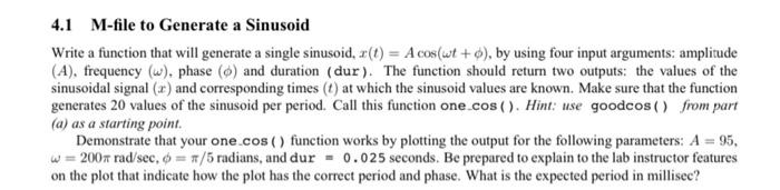 Solved 4.1 M-file to Generate a Sinusoid Write a function | Chegg.com