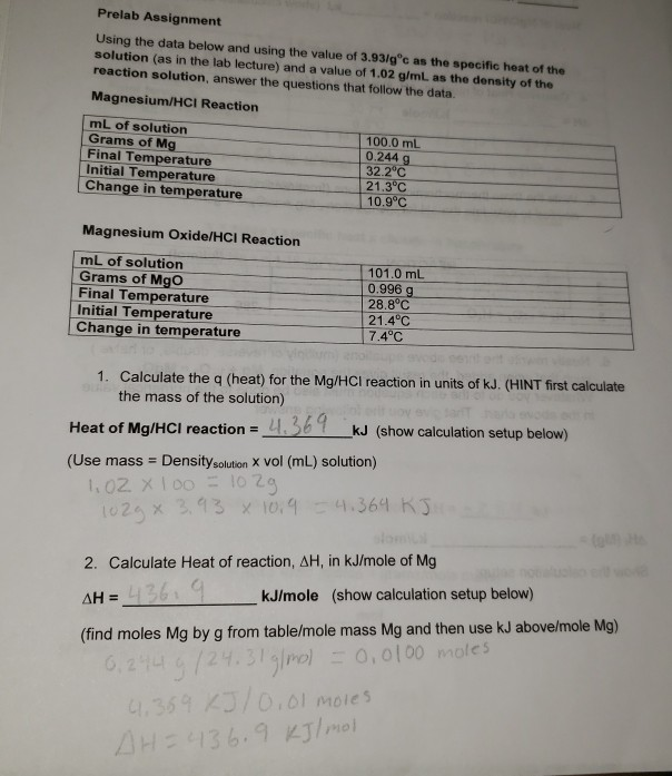 Solved Prelab Assignment Using the data below and using the | Chegg.com