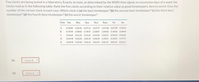 Solved Five clocks are being tested in a laboratory. Exactly | Chegg.com