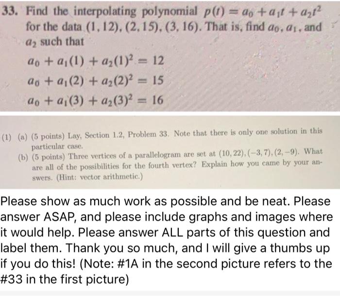 Solved 33. Find the interpolating polynomial p(1) = do +at+ | Chegg.com