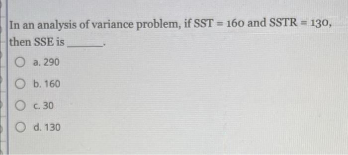 Solved In an analysis of variance problem, if SST = 160 and | Chegg.com