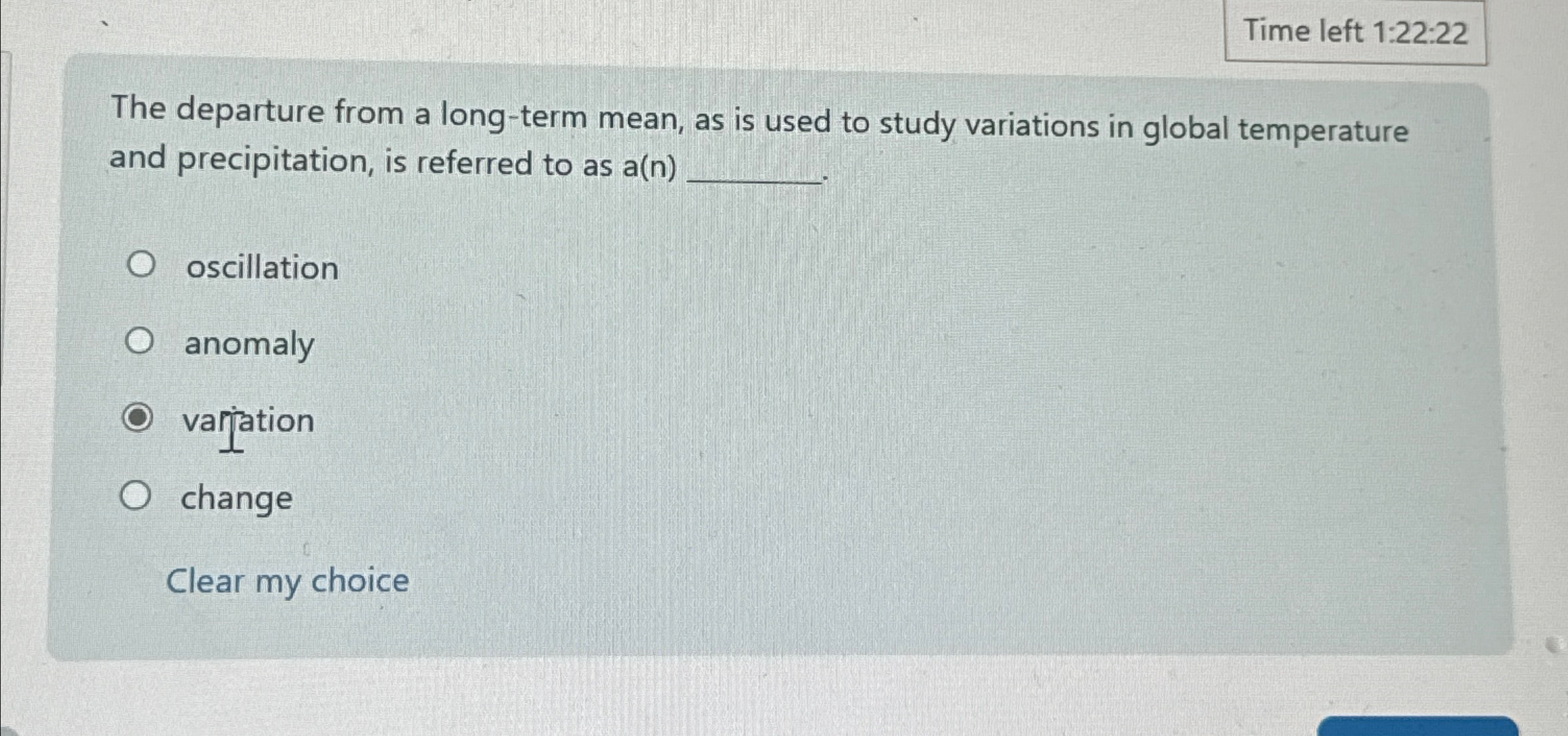 Solved Time left 1:22:22The departure from a long-term mean, | Chegg.com