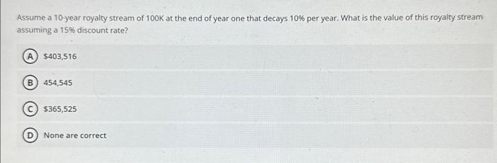 Solved Assume a perpetual royalty stream of 100 K at the end | Chegg.com