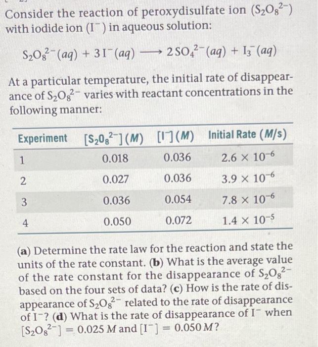 Solved Consider the reaction of peroxydisulfate ion (S2O82−) | Chegg.com