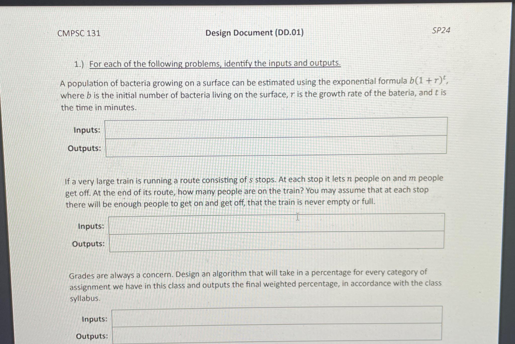 Solved CMPSC 131Design Document (DD.01)SP241.) ﻿For each of | Chegg.com