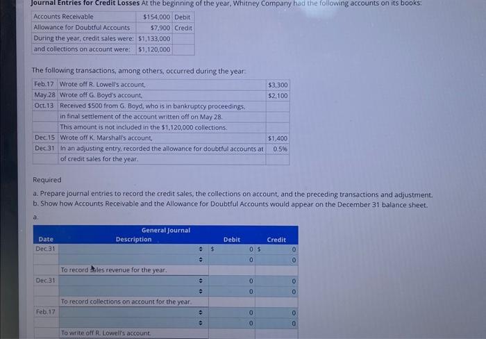 Solved Journal Entries for Credit Losses At the beginning of | Chegg.com