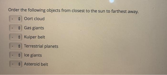 Solved Order the following objects from closest to the sun | Chegg.com Solved Order the following objects from closest to the sun | Chegg.com