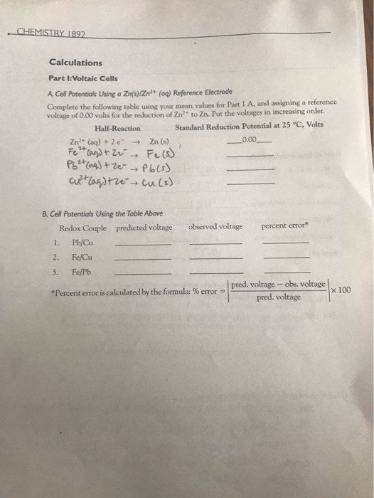 Solved CHEMISTRY 1892 Calculations Part I:Voltaic Cells A | Chegg.com