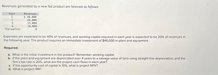 Solved Revenues generated by a new fad product are forecast | Chegg.com