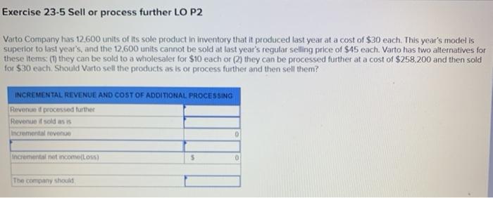 Solved Exercise 23-5 Sell or process further LO P2 Varto | Chegg.com