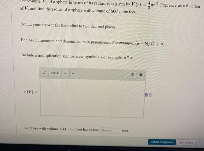 Solved 3 The volume, V, of a sphere in terms of its radius, | Chegg.com