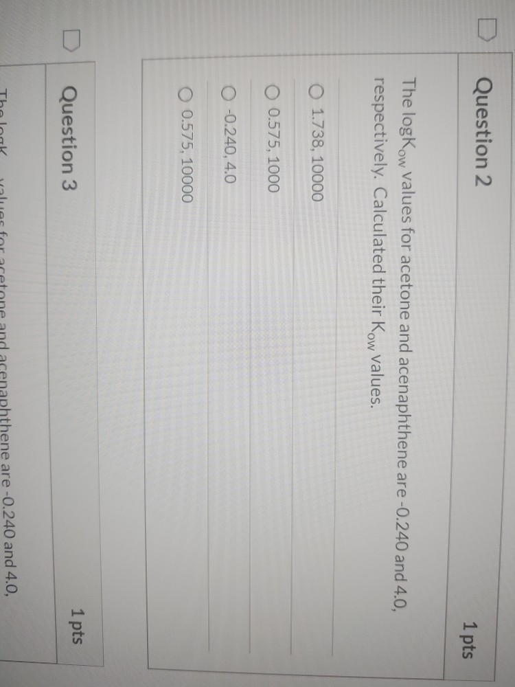 Solved D Question 2 1 pts The logKow values for acetone and | Chegg.com